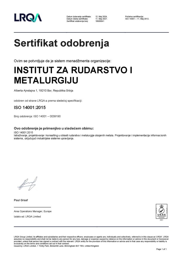 0039190-EMS-SRB-UKAS ISO 14001 2015 - IRM Bor